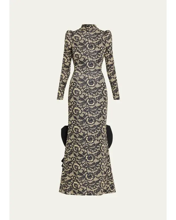 Marc Jacobs Lace-print Sculptural Long-sleeve Bow Trumpet Gown