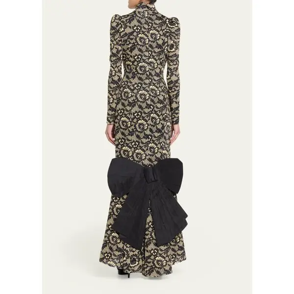 Marc Jacobs Lace-print Sculptural Long-sleeve Bow Trumpet Gown