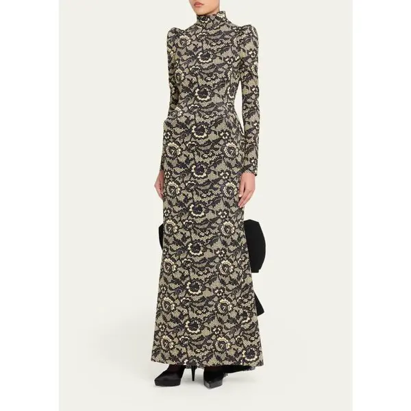Marc Jacobs Lace-print Sculptural Long-sleeve Bow Trumpet Gown