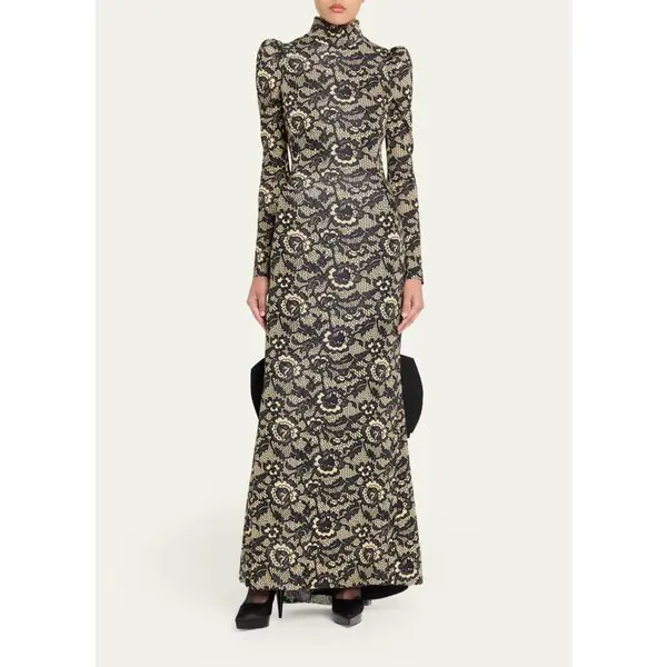 Marc Jacobs Lace-print Sculptural Long-sleeve Bow Trumpet Gown