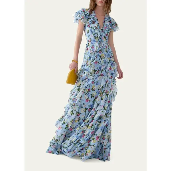 Carolina Herrera Floral Ruffle Chiffon Short-sleeve Maxi Dress
