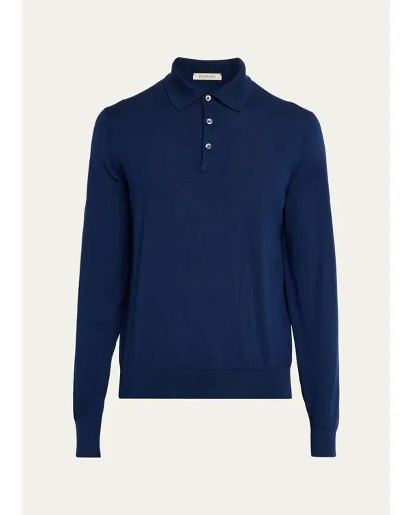 Fioroni Merino Wool Knit Long-sleeve Polo Shirt - Navy
