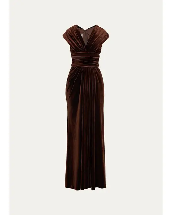 Monique Lhuillier V-neck Gathered Stretch Velour Column Gown - Cafe