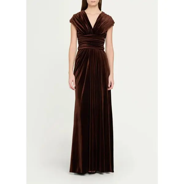 Monique Lhuillier V-neck Gathered Stretch Velour Column Gown