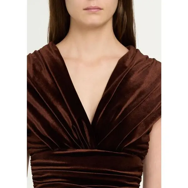 Monique Lhuillier V-neck Gathered Stretch Velour Column Gown
