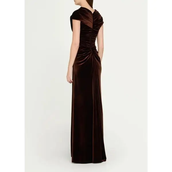 Monique Lhuillier V-neck Gathered Stretch Velour Column Gown