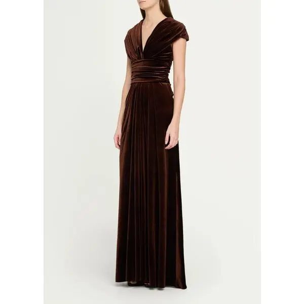 Monique Lhuillier V-neck Gathered Stretch Velour Column Gown