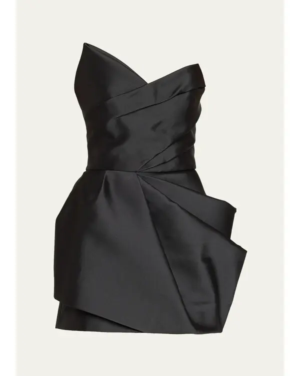 Monique Lhuillier Strapless Pleated Mikado Silk Mini Dress - Noir