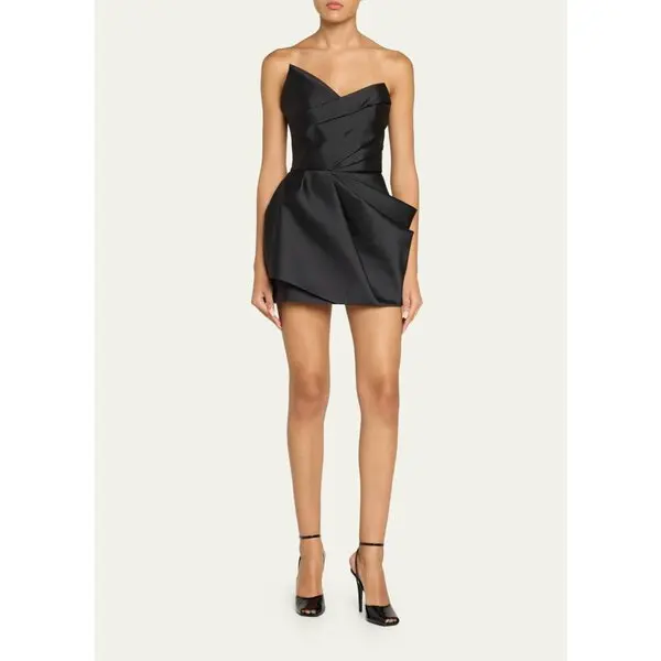 Monique Lhuillier Strapless Pleated Mikado Silk Mini Dress