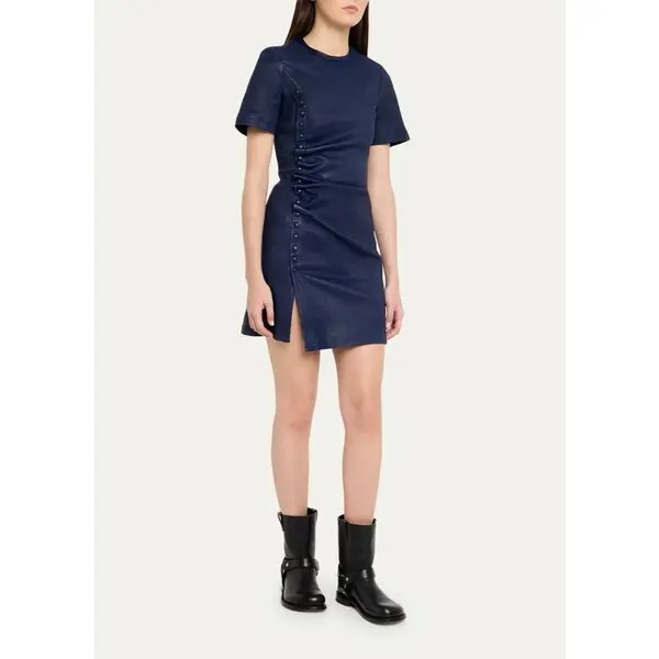 Rabanne Ruched Leather Short-sleeve Mini Dress