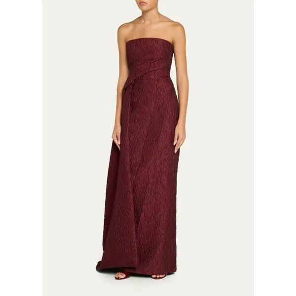 Monique Lhuillier Strapless Textured Jacquard Draped Train Column Gown