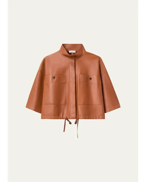 Lafayette 148 New York Oversized Cropped Leather Shirt Jacket - Copper