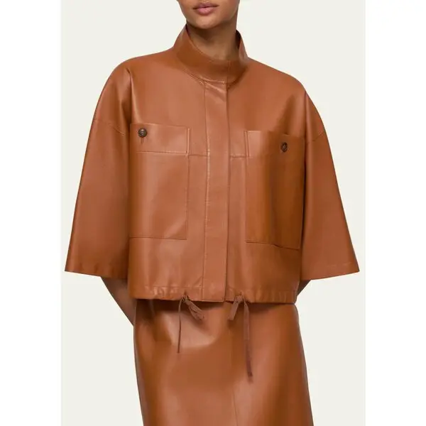 Lafayette 148 New York Oversized Cropped Leather Shirt Jacket