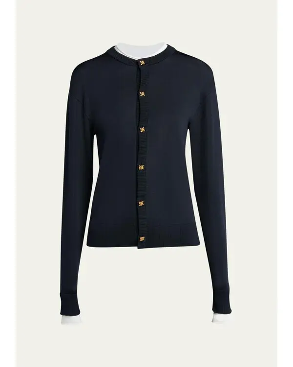 Bottega Veneta Silk Double Knit Crewneck Cardigan - Midnight Blue