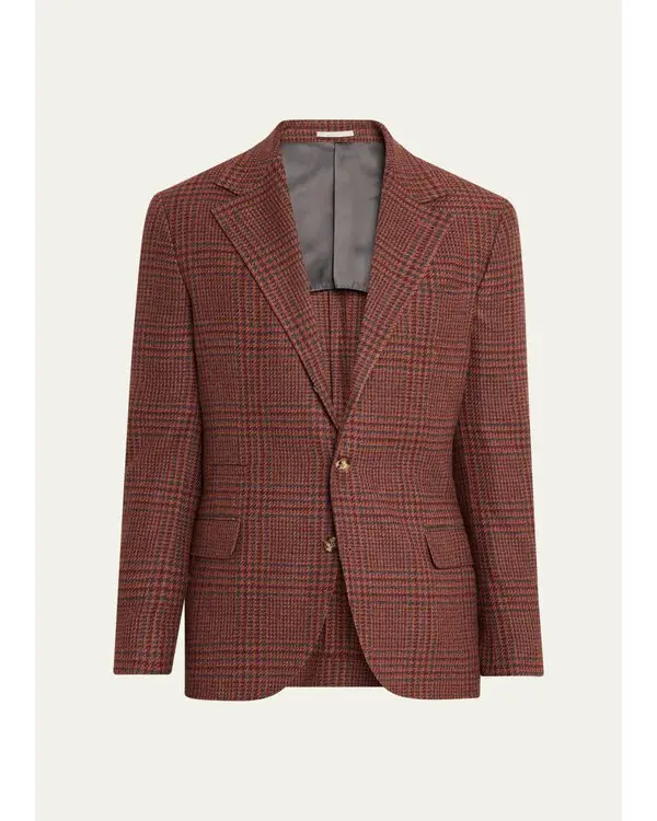 Brunello Cucinelli Cashmere Houndstooth Check Single-breasted Sport Coat - Brick