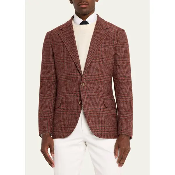 Brunello Cucinelli Cashmere Houndstooth Check Single-breasted Sport Coat - Brick