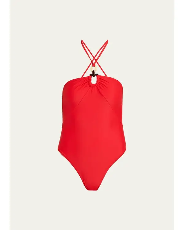 Ramy Brook Marjorie Ring Halter One-piece Swimsuit - Flame