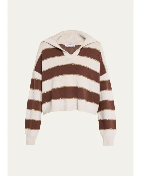 Brunello Cucinelli Paillette Striped Cashmere Sailor Sweater