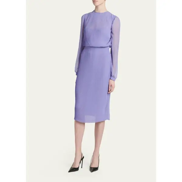 TOM FORD Plisse Chiffon Long-sleeve Midi Dress