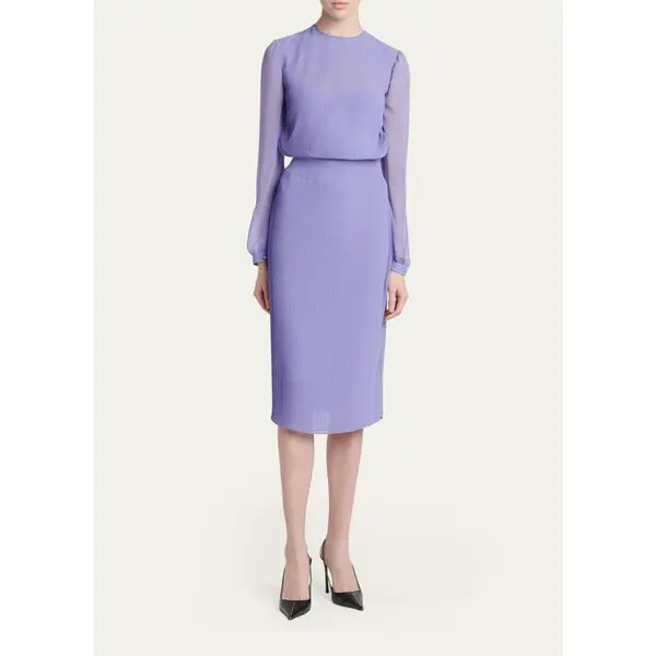 TOM FORD Plisse Chiffon Long-sleeve Midi Dress