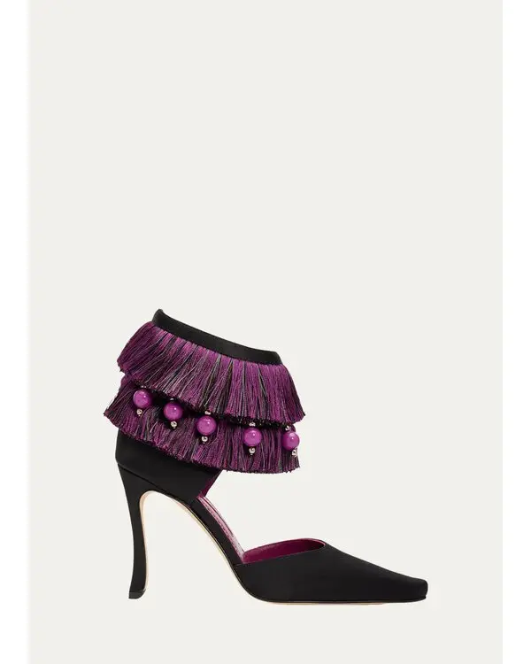 Manolo Blahnik 105mm Sorolla Satin Fringe Ankle-strap Pumps