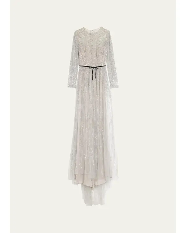 Monique Lhuillier Embellished Tulle Long-sleeve Illusion Gown - Silver/smoke