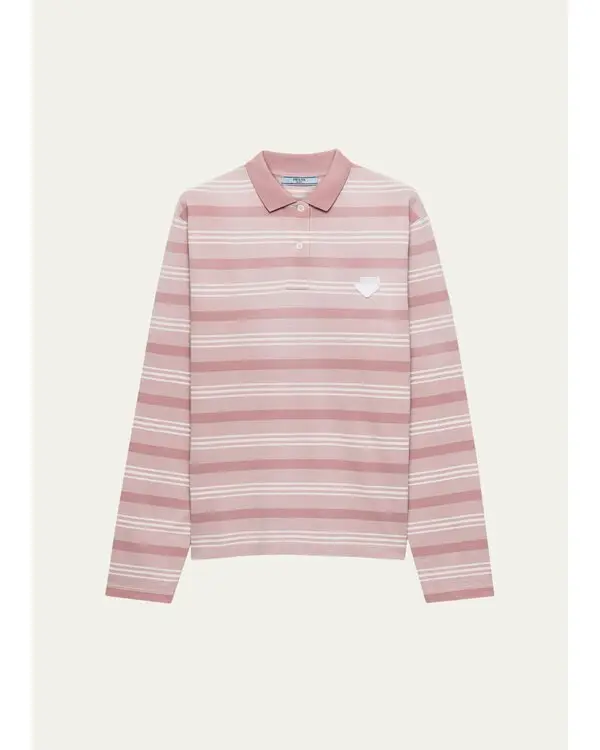 Prada Striped Pique Long-sleeve Polo Shirt - Alabaster