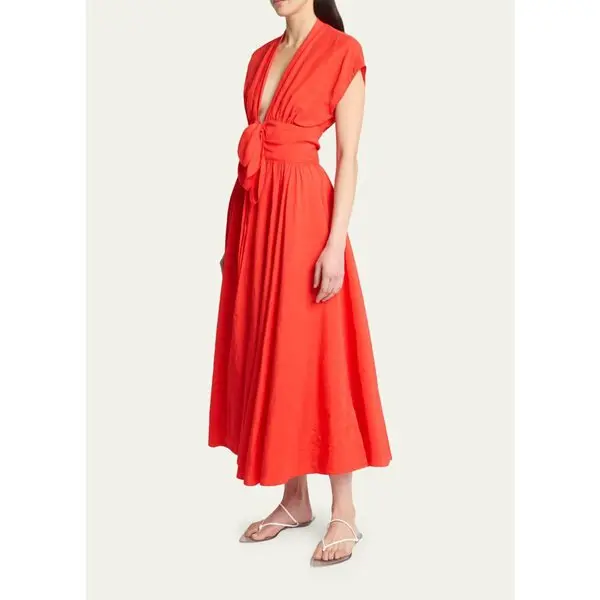 Alaïa Plunging Belted Linen Midi Dress