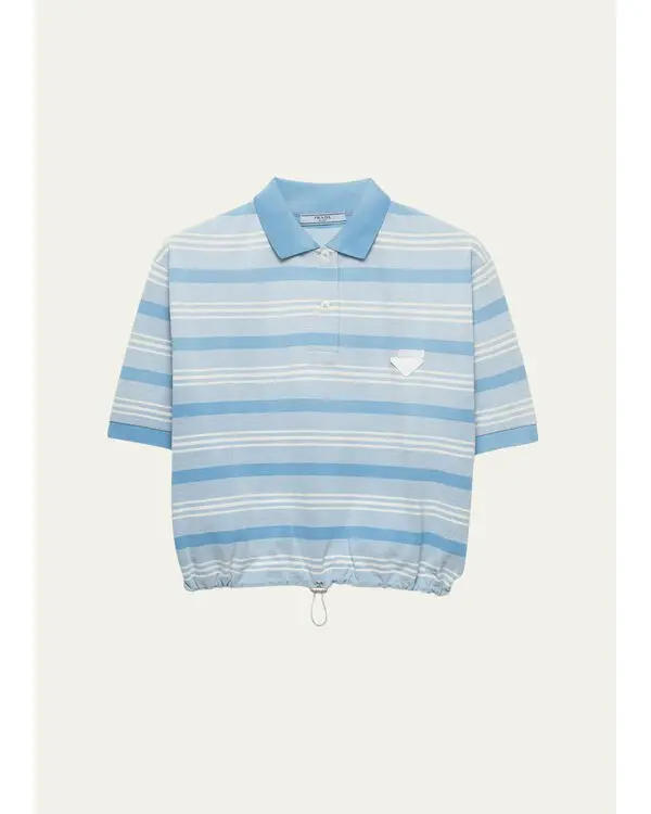 Prada Cropped Striped Piqué Polo Shirt - Celeste