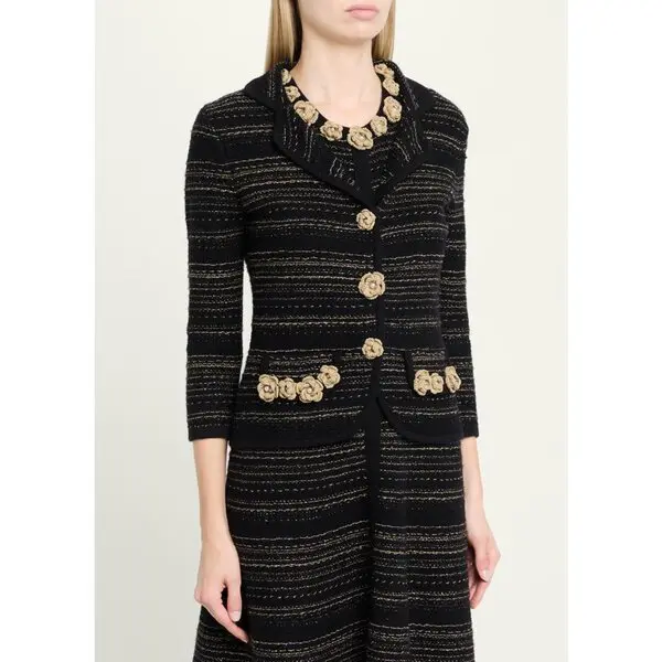 Rickie Freeman For Teri Jon Crochet Floral Applique Striped Knit Jacket