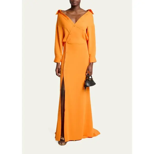 Balenciaga Off-the-shoulder Silk Cady Asymmetric Maxi Shirtdress
