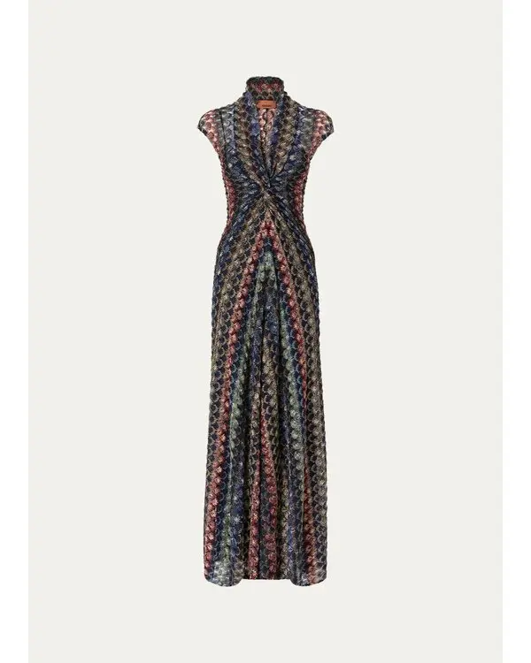 Missoni Plunging Twisted Metallic Lace Knit Maxi Dress