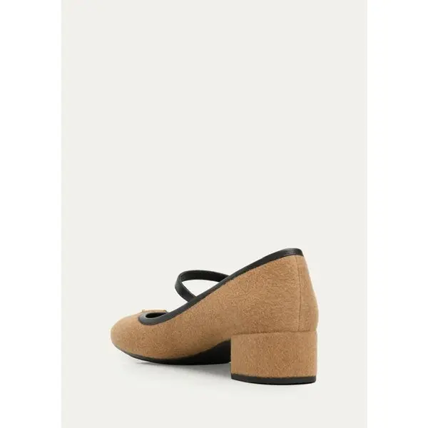 Prada Triangle Logo Wool Mary Jane Ballerina Flats - Cammello