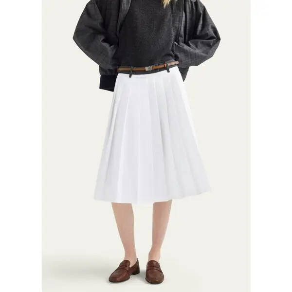 Prada Pleated Poplin And Rush Stitch Midi Skirt