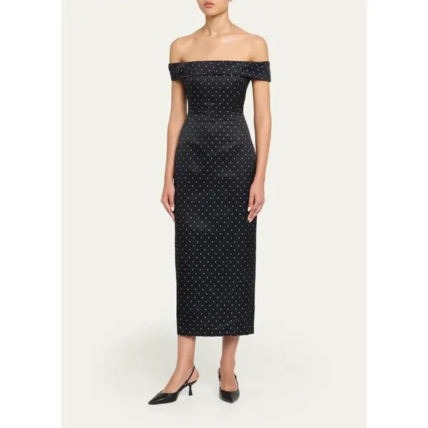 Lela Rose Polka-dot Jacquard Off-the-shoulder Midi Dress - Black