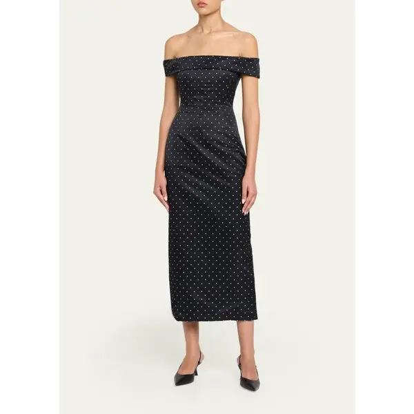 Lela Rose Polka-dot Jacquard Off-the-shoulder Midi Dress - Black