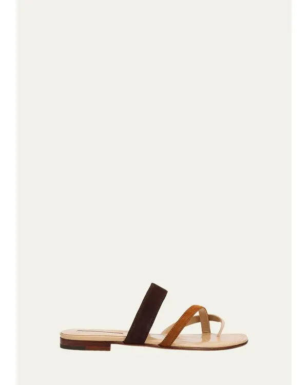 Manolo Blahnik Susa Suede Crisscross Flat Sandals - Medium Nude