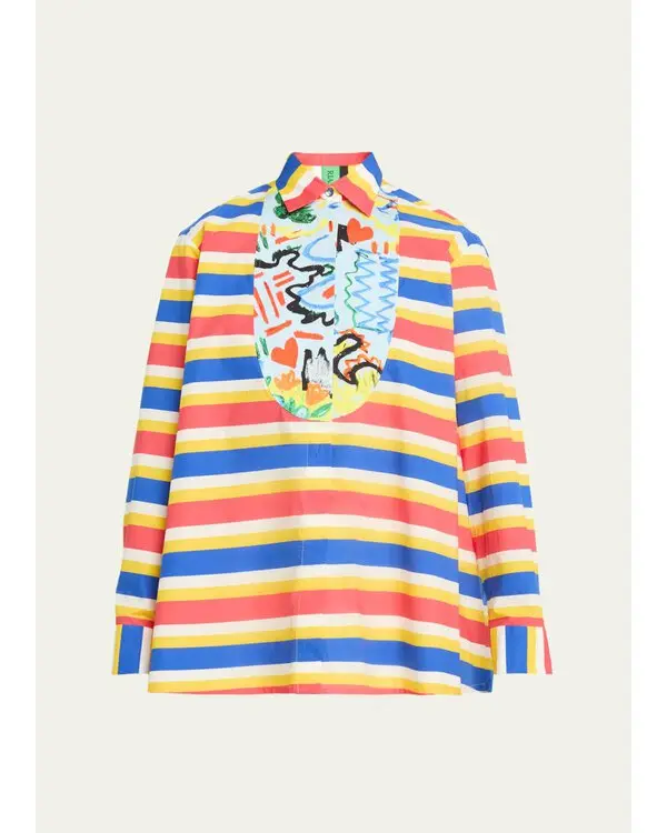 Rianna + Nina Tropica Striped Cotton Bib-front Collared Shirt