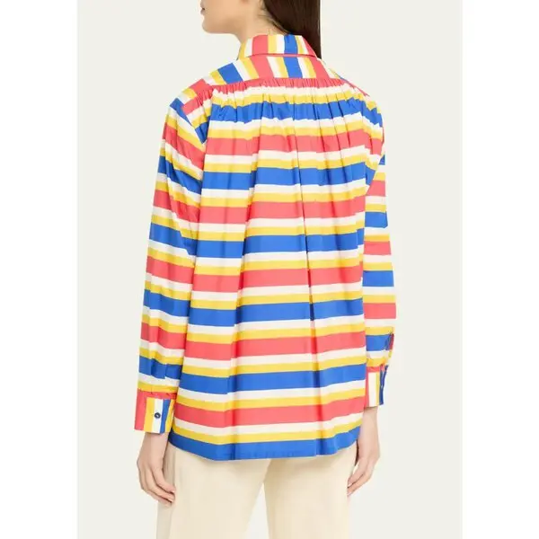 Rianna + Nina Tropica Striped Cotton Bib-front Collared Shirt