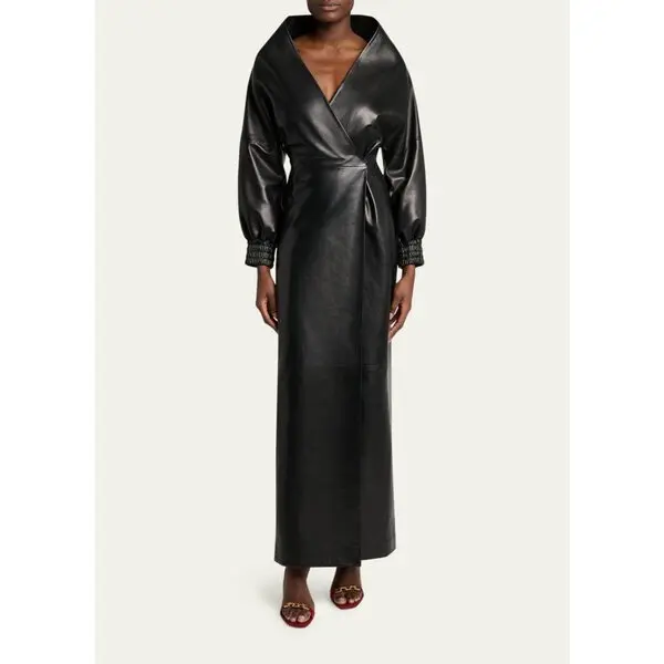 Balenciaga Sculpted Leather Long-sleeve Maxi Wrap Dress