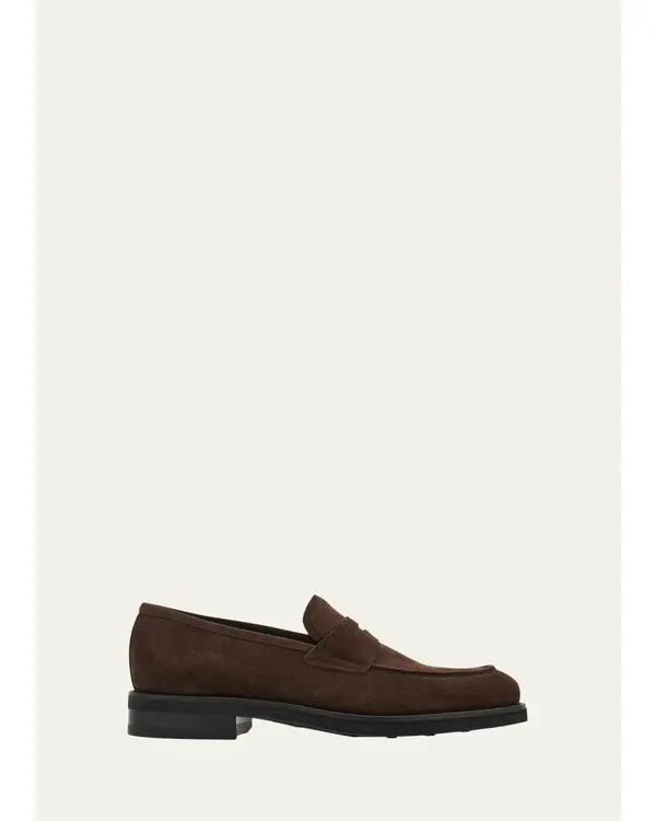 FERRAGAMO Stefano Scratch-resistant Suede Penny Loafers - Brown