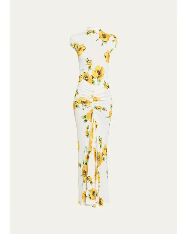 Alaïa Mock-neck Draped Floral Jersey Cap-sleeve Maxi Dress