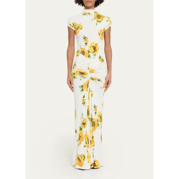 Alaïa Mock-neck Draped Floral Jersey Cap-sleeve Maxi Dress