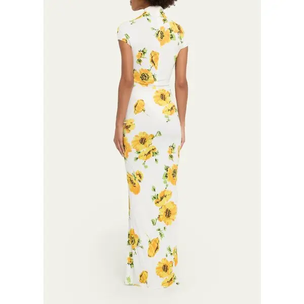 Alaïa Mock-neck Draped Floral Jersey Cap-sleeve Maxi Dress