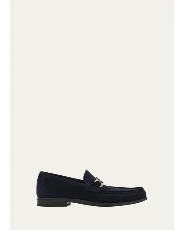 FERRAGAMO Grandioso Suede Gancio-bit Loafers - Navy