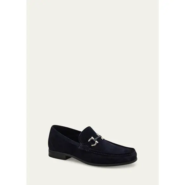 FERRAGAMO Grandioso Suede Gancio-bit Loafers - Navy
