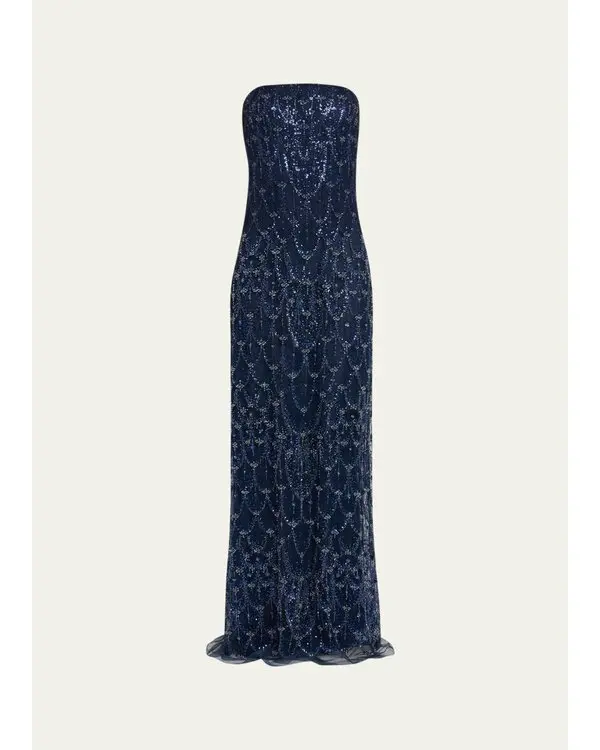 REEM ACRA Strapless Crystal Embellished Evening Gown
