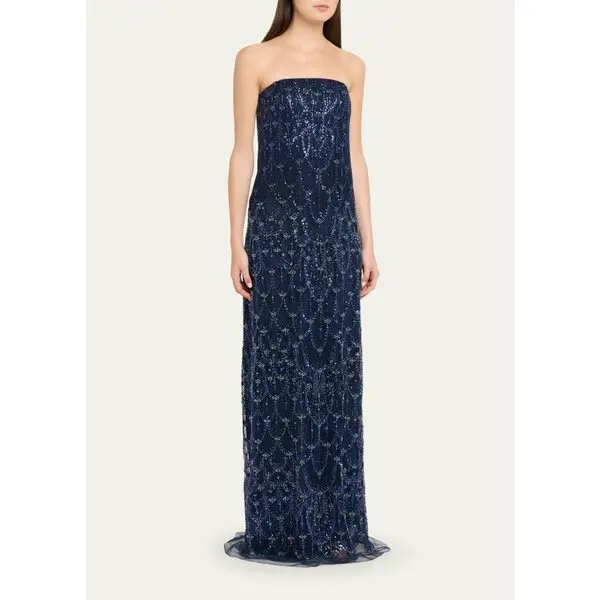 REEM ACRA Strapless Crystal Embellished Evening Gown