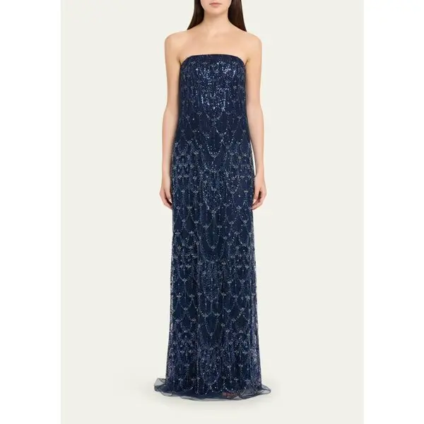 REEM ACRA Strapless Crystal Embellished Evening Gown