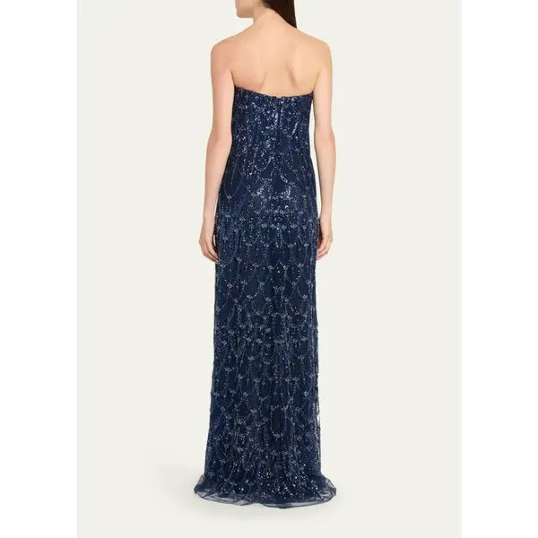 REEM ACRA Strapless Crystal Embellished Evening Gown